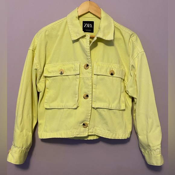 Zara | Jackets & Coats | Zara Faded Neon Yellow Crop Utility Jeans ...